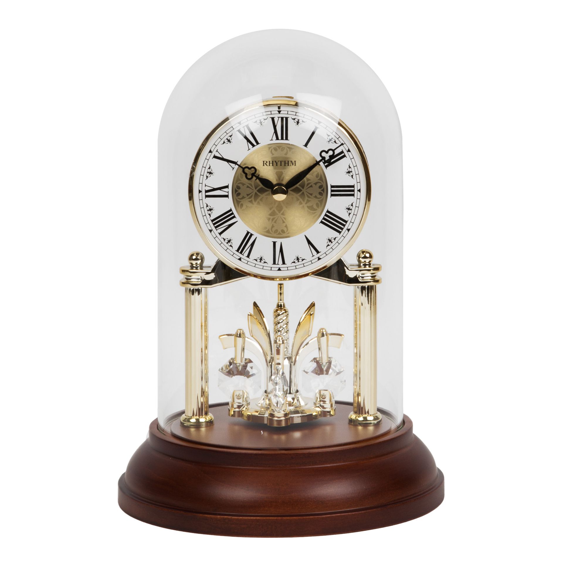 Rhythm Anniversary Mantel Clock Wood Base Glass Dome | Widdop and Co.