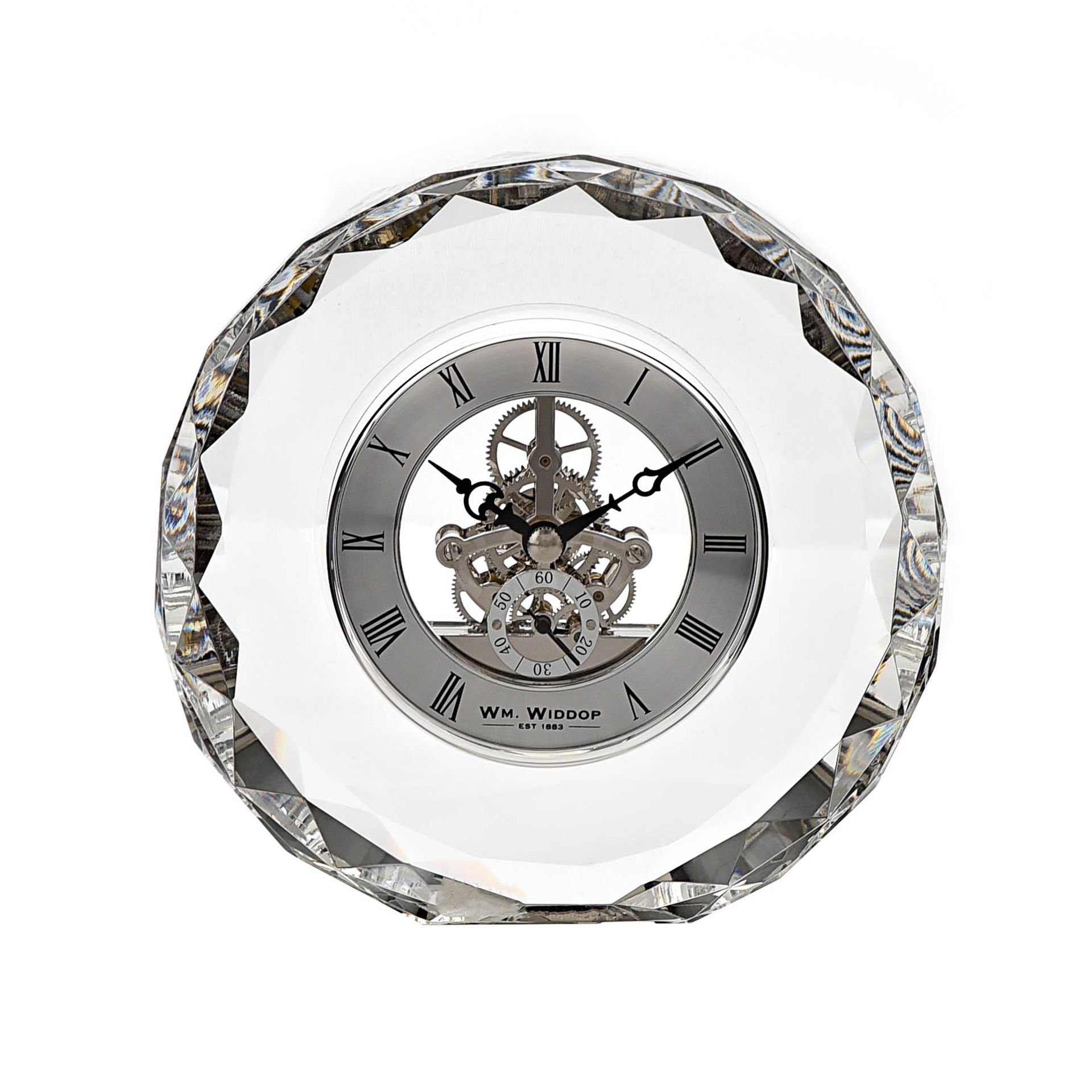 Wm.Widdop K9 Crystal Round Mantel Clock Skeleton Dial Roman | Widdop ...