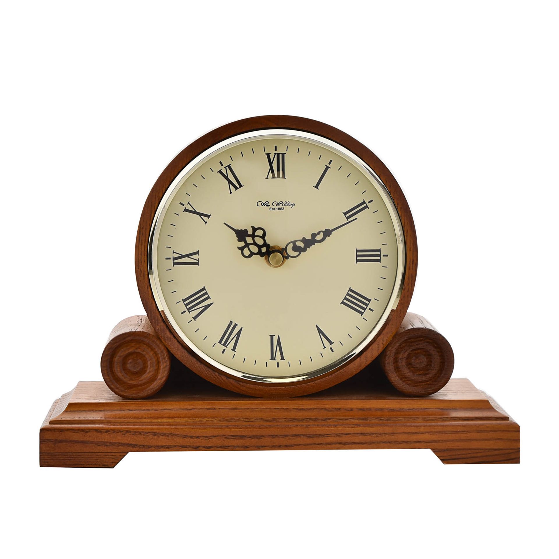 Wm.Widdop Qtz Mantel Clock Round Double Scroll - Walnut | Widdop and Co.