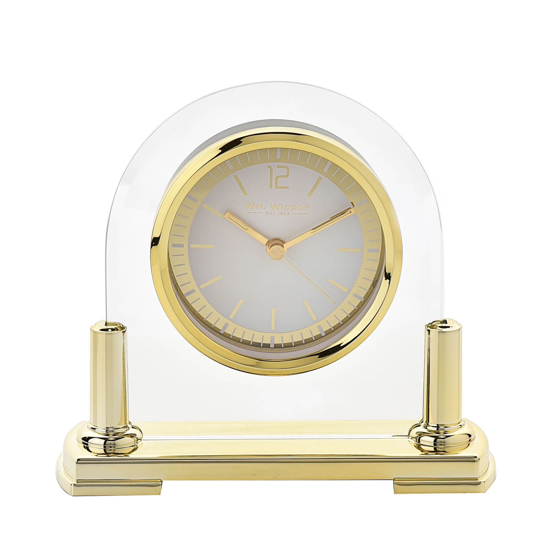 Wm.Widdop Glass Mantel Clock 2 Tone Dial Gold Stand | Widdop and Co.