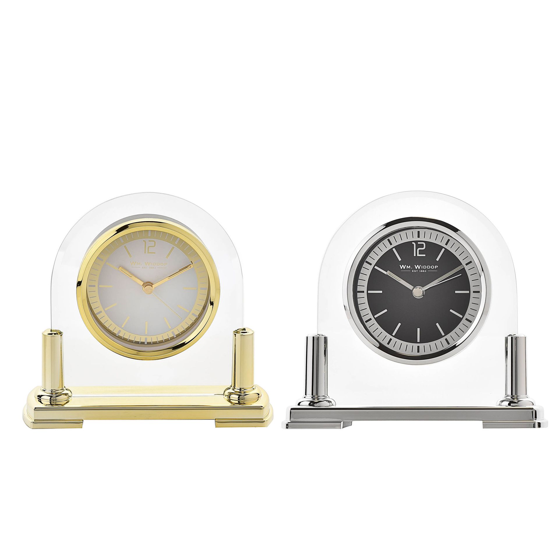 Wm.Widdop Glass Mantel Clock 2 Tone Dial Gold Stand | Widdop and Co.