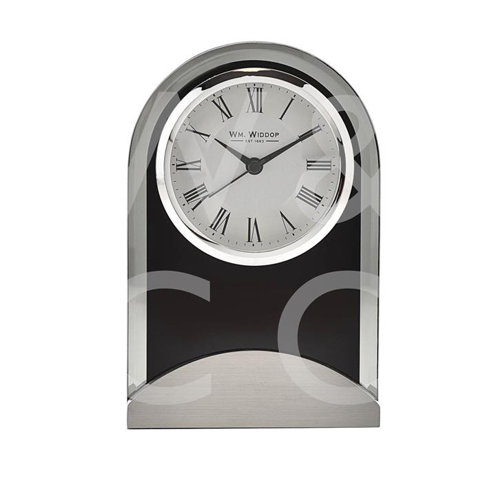 Wm.Widdop Black Glass Panel Aluminium Base Mantel Clock | Widdop and Co.