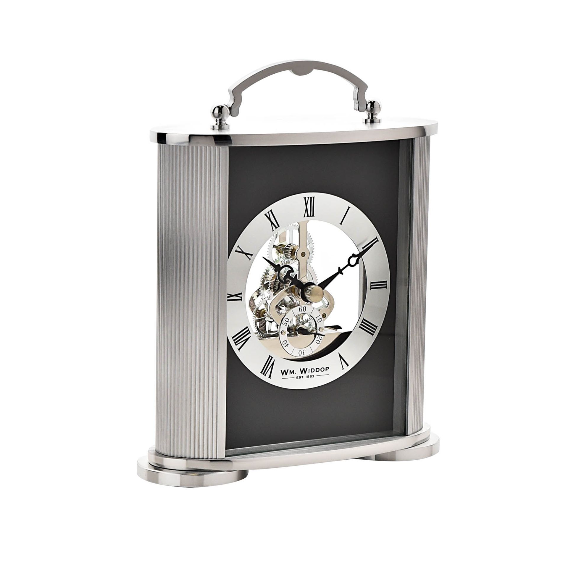 Wm. Widdop Silver & Black Mantel Clock Skeleton Movement | Widdop and Co.