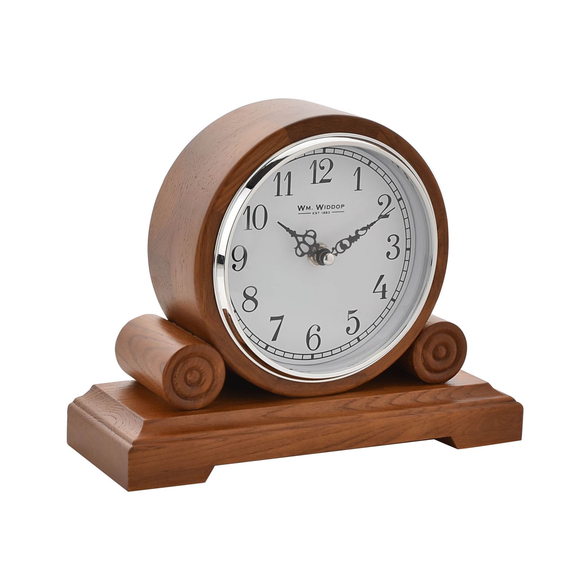 Wm. Widdop Barrel Shape Oak Finish Arabic Mantel Clock | Widdop and Co.